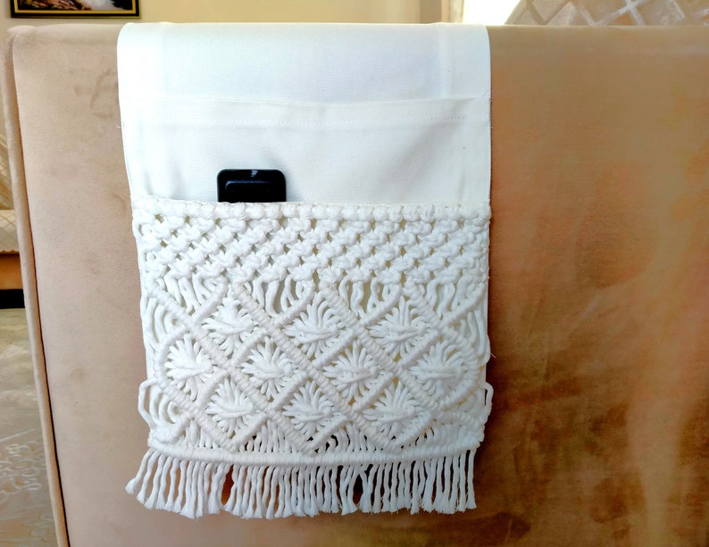 White Macrame Sofa Armrest Organizer,remote Control Holder,storage ...