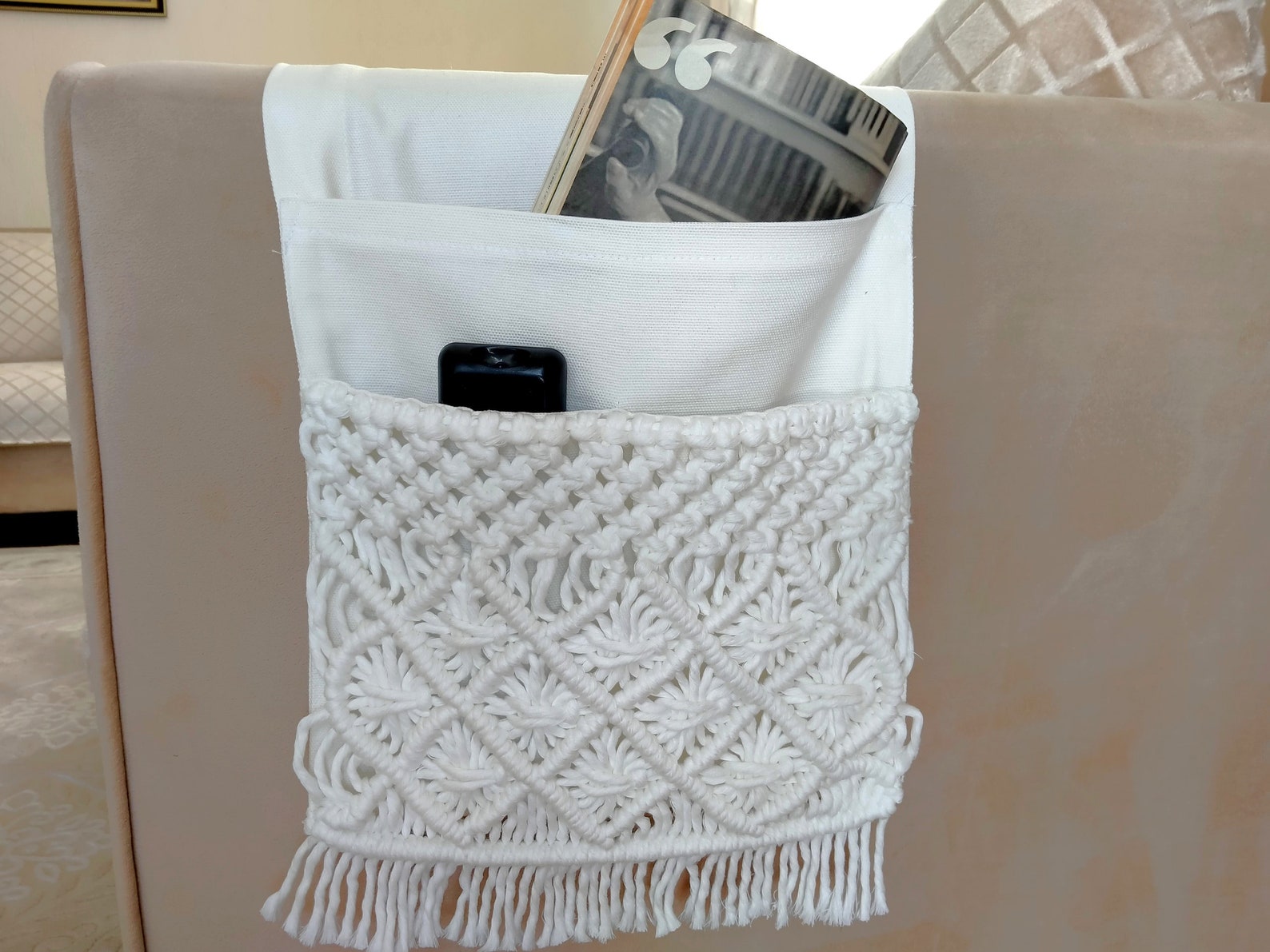 White Macrame Sofa Armrest Organizer,remote Control Holder,storage Basket,armchair Organizer ...