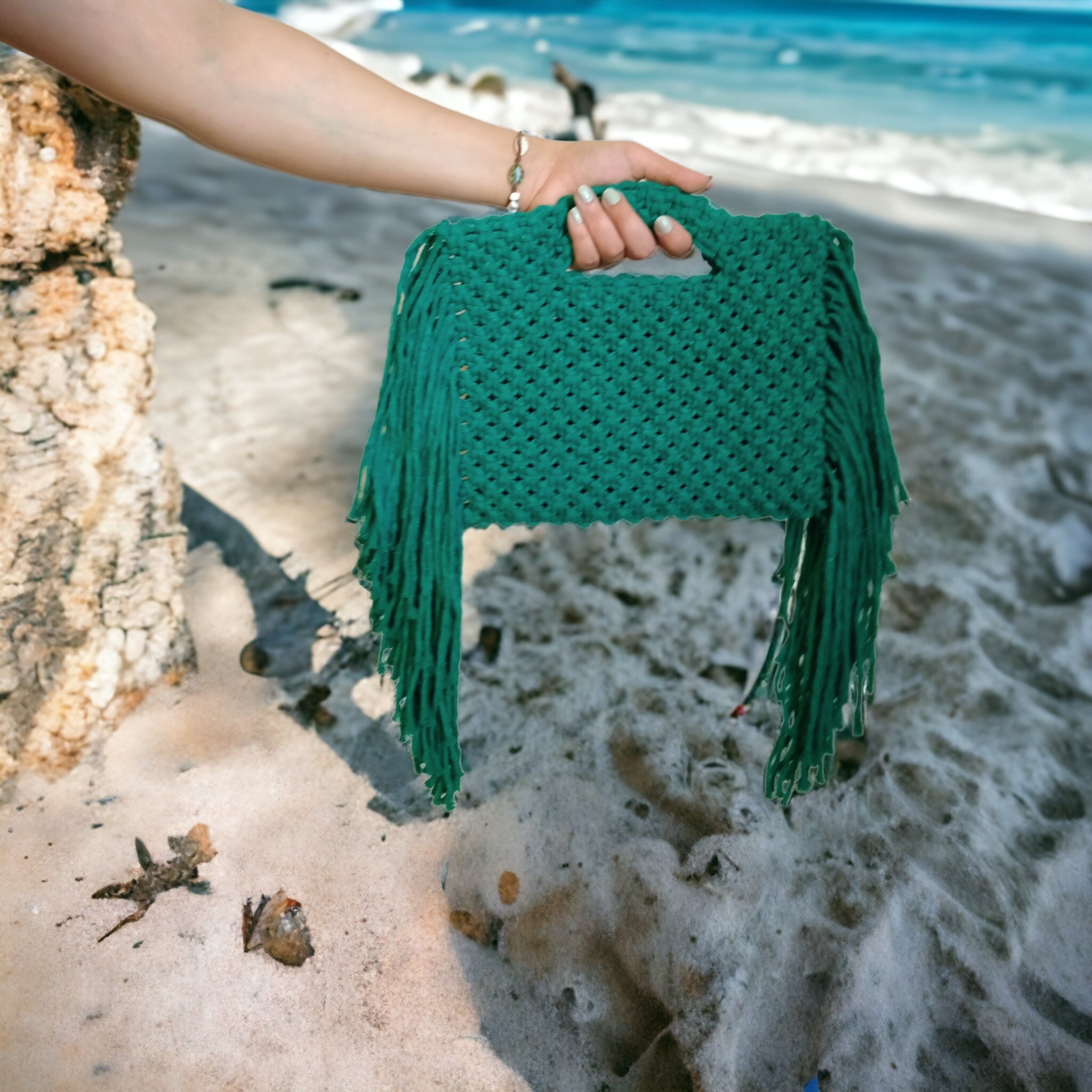 Green Macrame Clutch Bag ,macrame Purse ,fringe Bag ,summer Bag ,hand ...