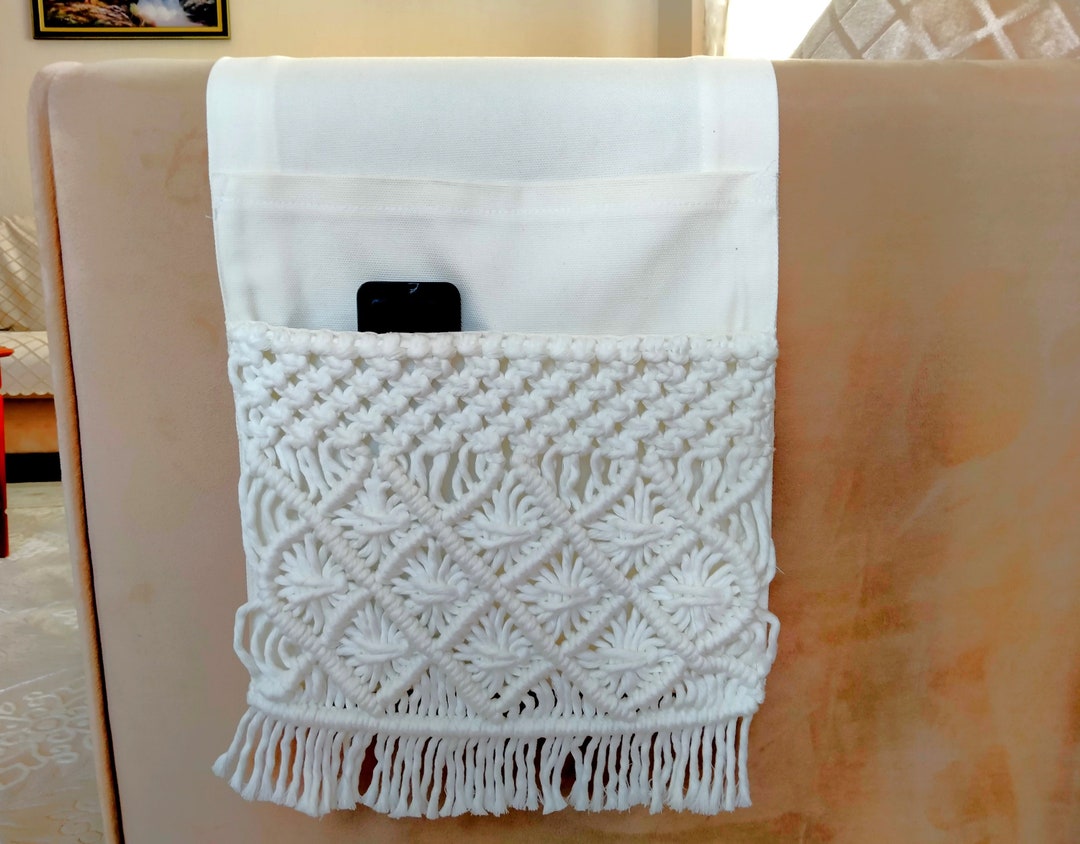 White Macrame Sofa Armrest Organizer,remote Control Holder,storage ...