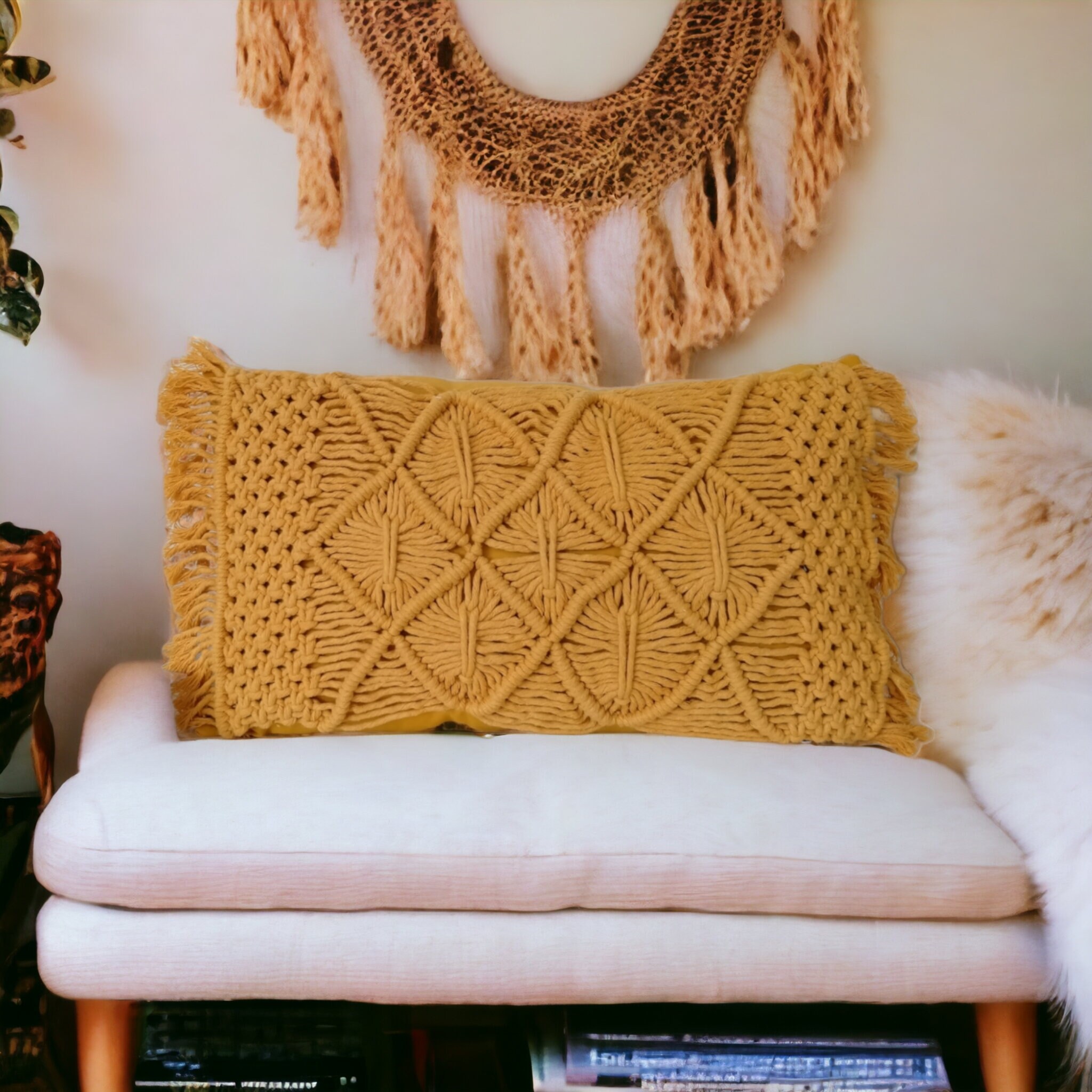 Mustard Floral Macrame Lumbar Cushion,bohemian,throw Pillow,farm House,decoration Pillows,home ...
