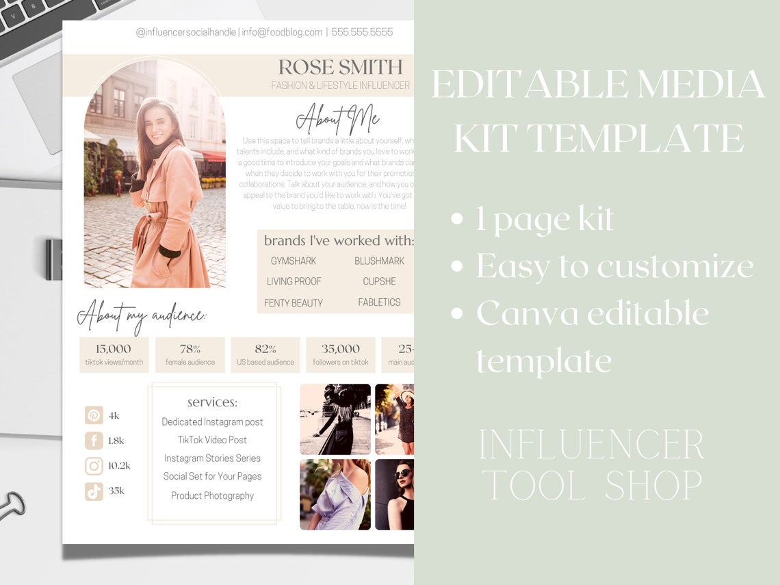 Influencer Media Kit Template | One Page Media Kit Template | Editable ...