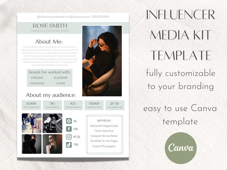 Influencer Media Kit Template | One Page Media Kit Template | Editable ...