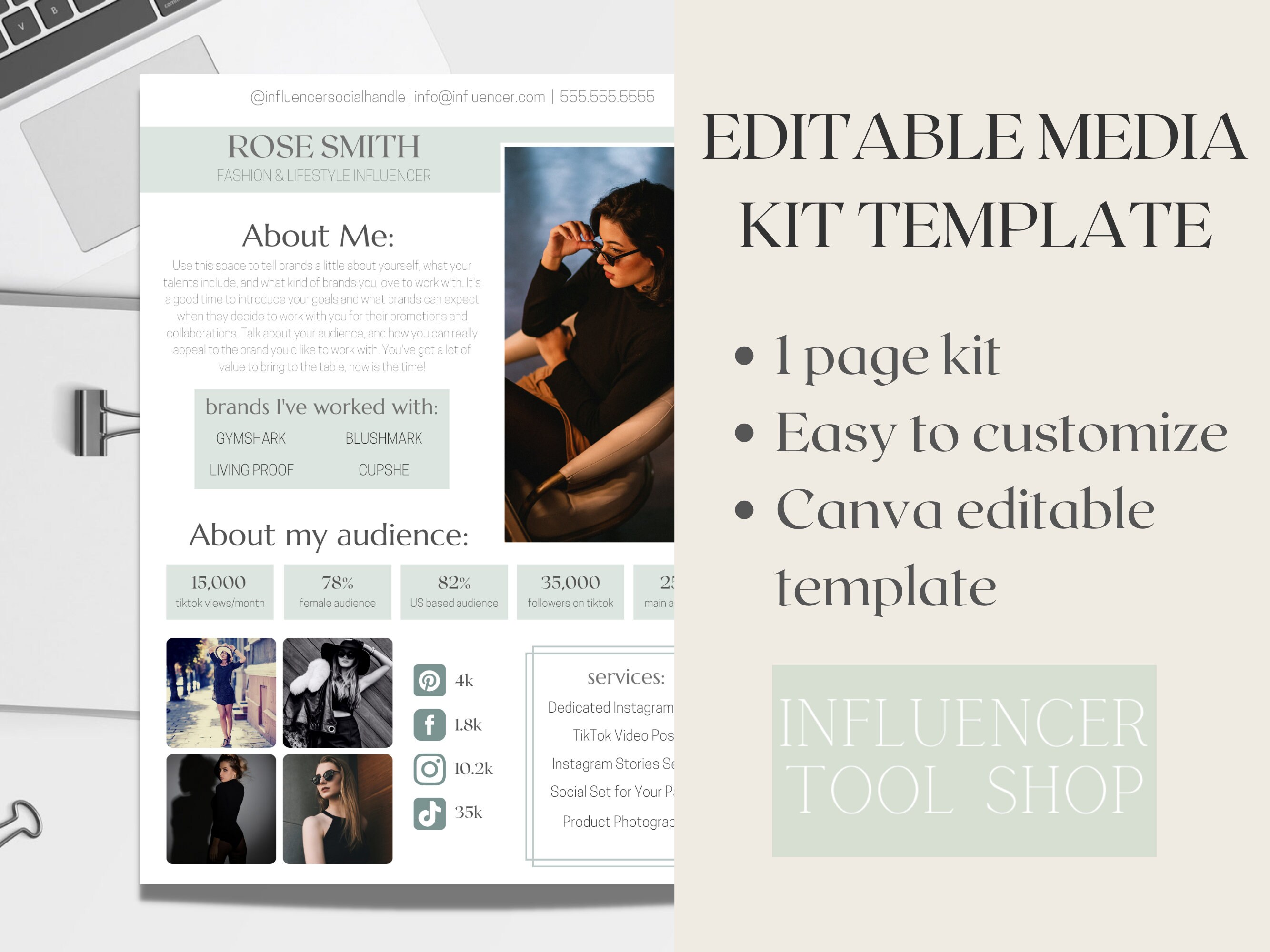 Influencer Media Kit Template | One Page Media Kit Template | Editable ...