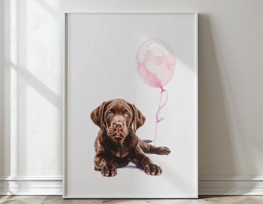 Chocolate Labrador Retriever With Pink Balloon Print, Puppy Wall Art ...