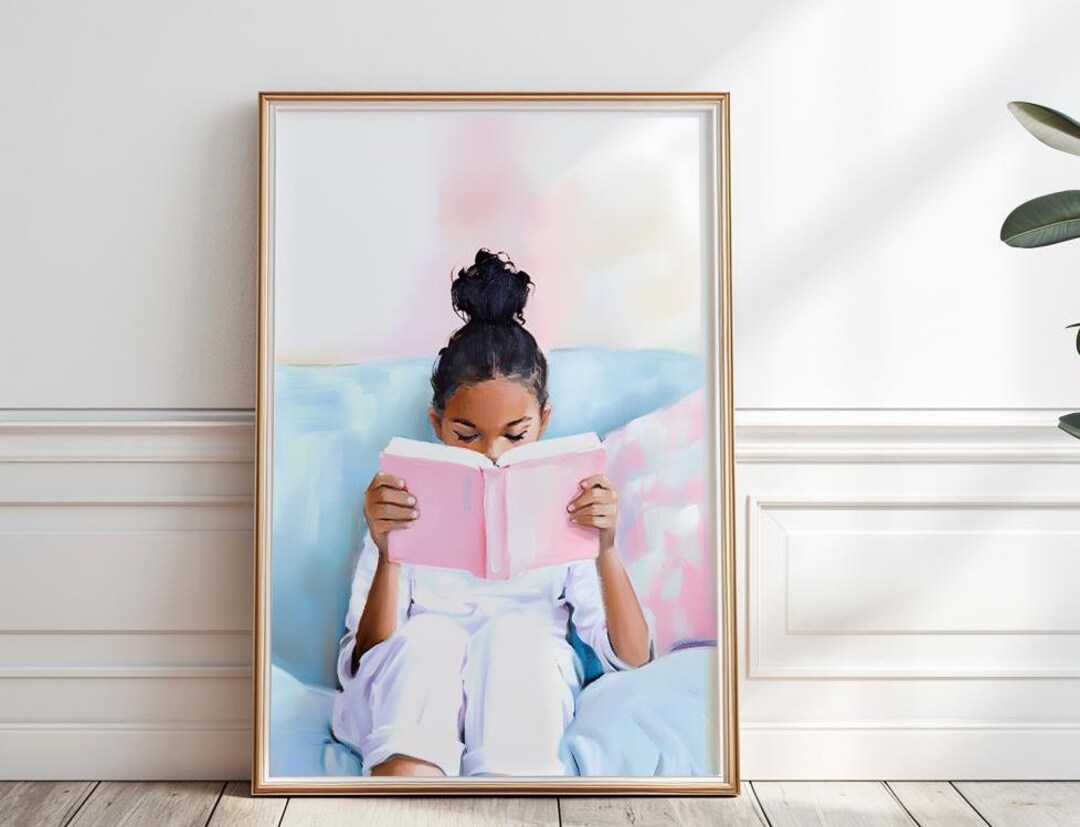 Little Dark Skin Girl Reading a Book Painting, Black Girl Reading Print ...