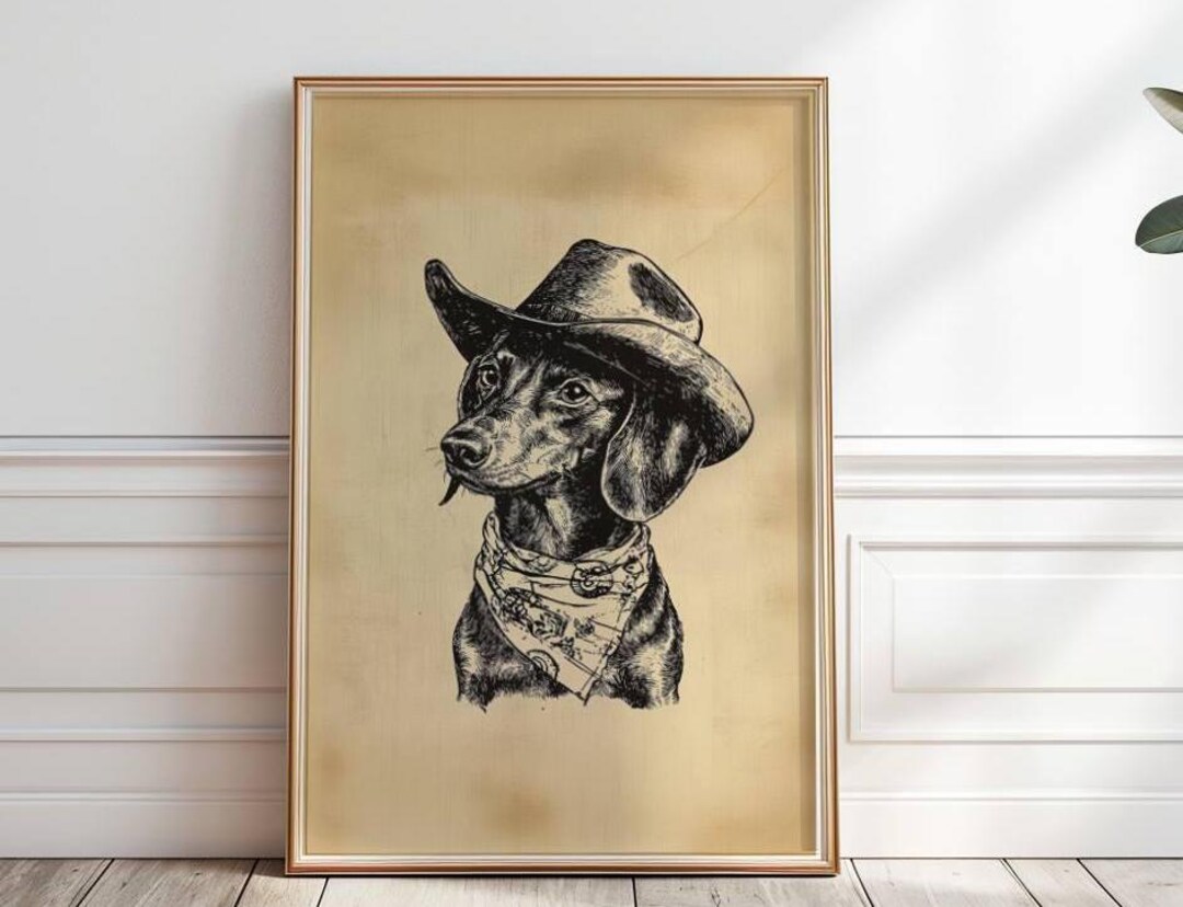 Vintage Cowboy Dachshund Sketch, Wiener Dog Wall Art, Cowboy Dog Art ...