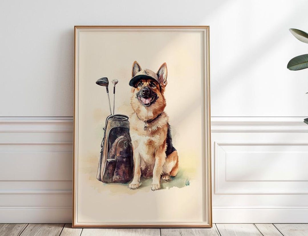 German Shepherd Golf Print, Vintage Dog Golfing Wall Art, German ...