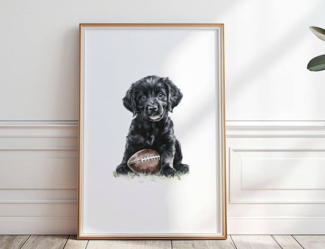 Black Labrador Football Nursery Print, Golden Retriever Puppy Playing ...