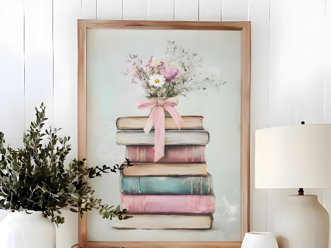 Floral Book Stack Print: Vintage Books, Pastel Flowers (digital ...