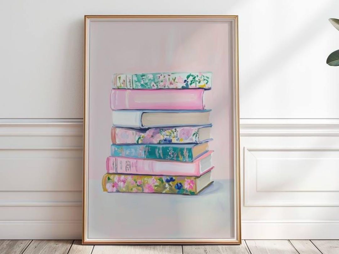 Pastel Book Stack Painting, Reading Nook Wall Art Print, Girly Bookish ...