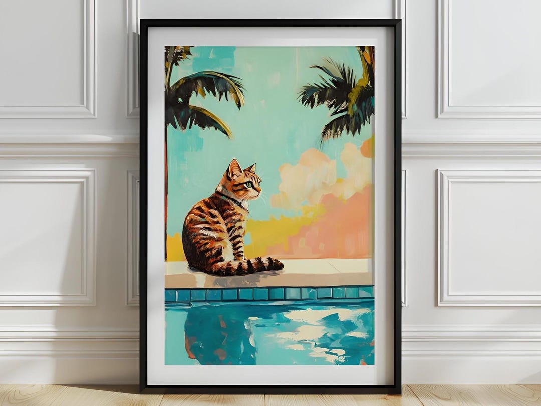Retro Cat Print: Miami Poolside Tabby Art (digital Download - Etsy