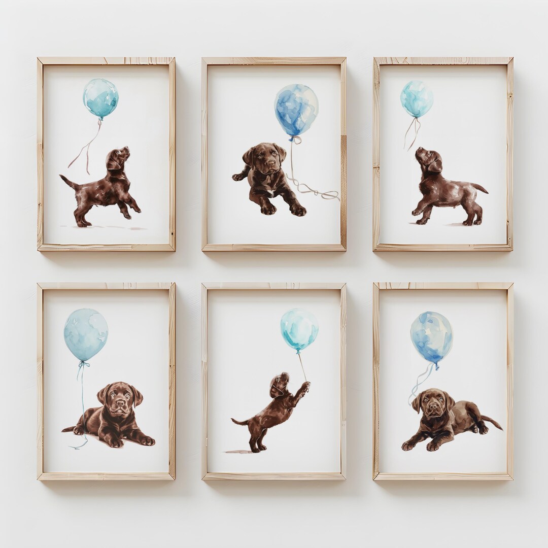 Chocolate Labrador Retriever With Blue Balloon Print, Puppy Wall Art ...