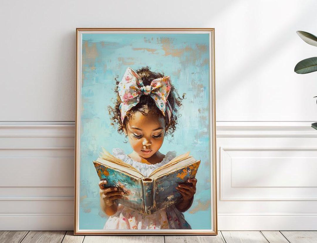 Black Little Girl Reading Print, Dark Skin Girl Reading a Book Painting ...