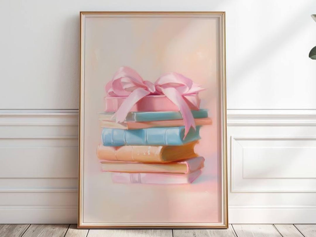 Pastel Book Stack Painting, Reading Nook Wall Art Print, Girly Bookish ...