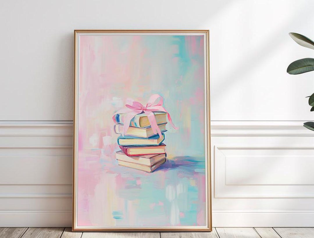 Pastel Book Stack Painting, Reading Nook Wall Art Print, Girly Bookish ...