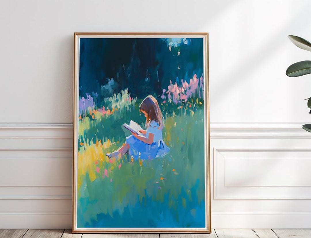 Brunette Girl Reading Painting, Girly Book Lover Print, Girls' Room ...