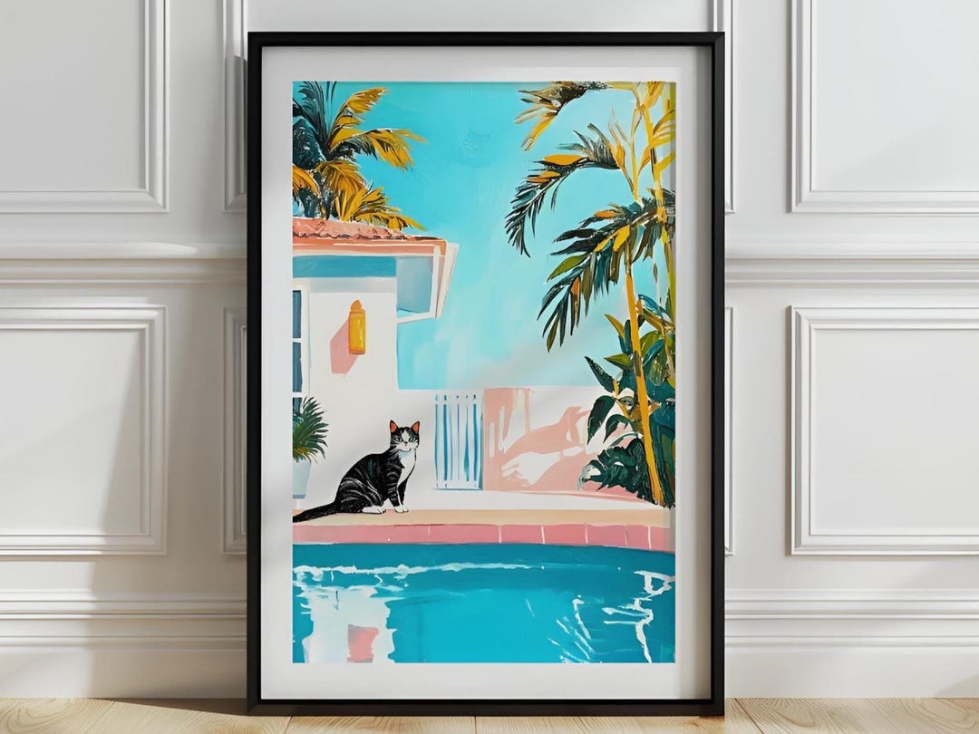 Retro Cat Print, Mid Century Modern Cat Art, Kitty Summer Poster, Pink ...