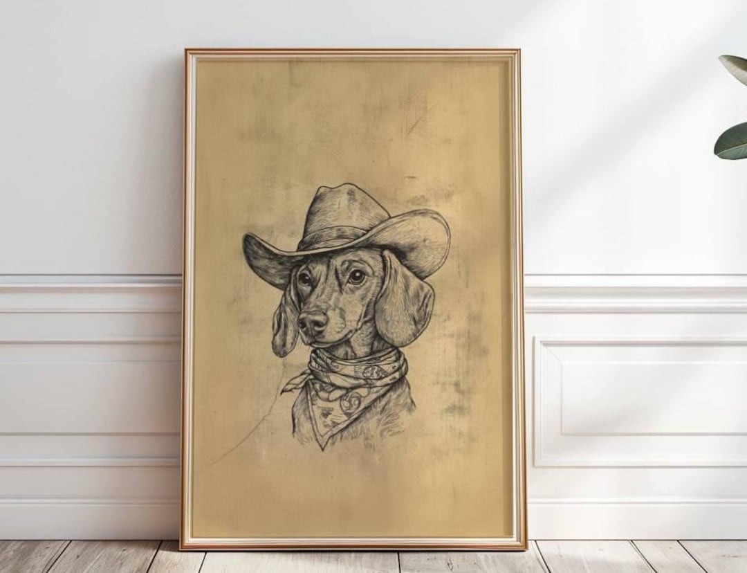 Vintage Cowboy Dachshund Sketch, Wiener Dog Wall Art, Cowboy Dog Art ...