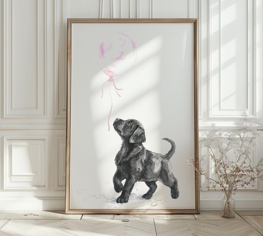 Labrador Retriever Print, Puppy Wall Art, Black Labrador With Balloon ...