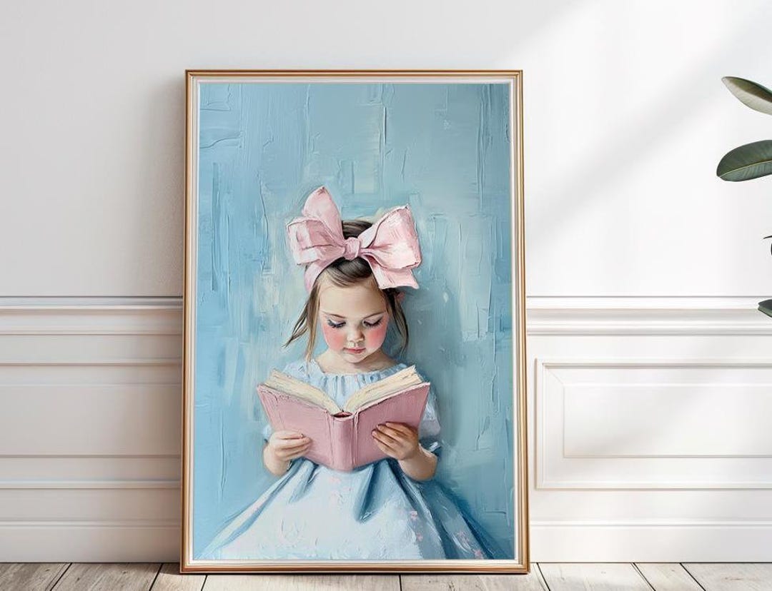 Little Brunette Girl Reading Book Painting, Girl Reading a Book Print ...