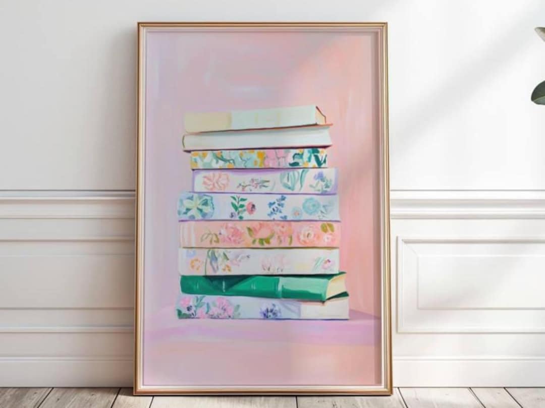 Pastel Book Stack Painting, Reading Nook Wall Art Print, Girly Bookish ...