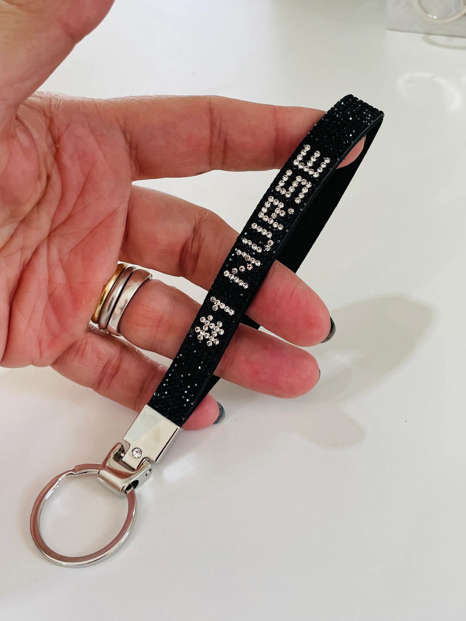 Rhinestone Car Keychain Metal Leather Black White Crystal Personalized ...