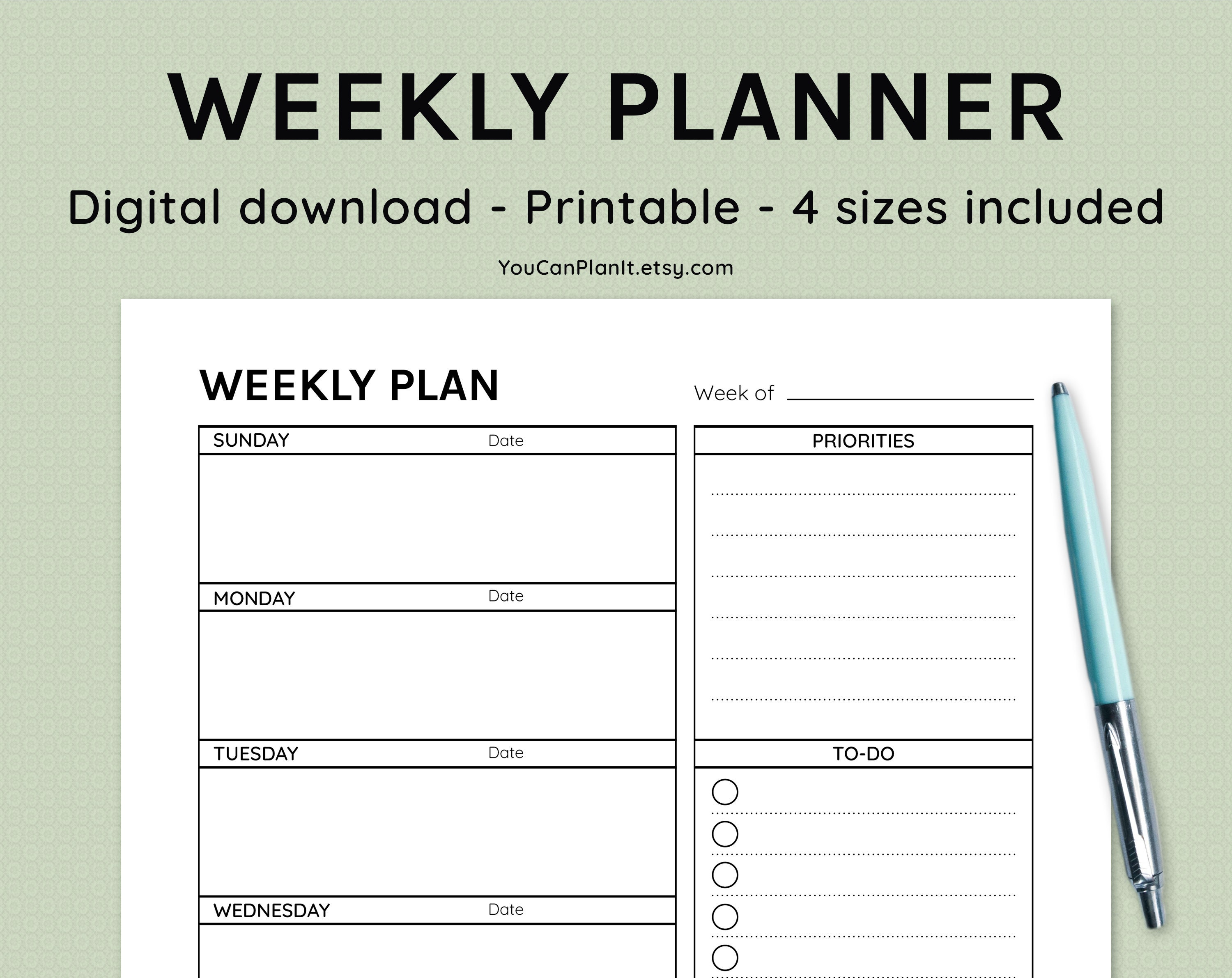 Weekly Planner Printable, Letter/half Letter/a4/a5 Sizes, Weekly ...