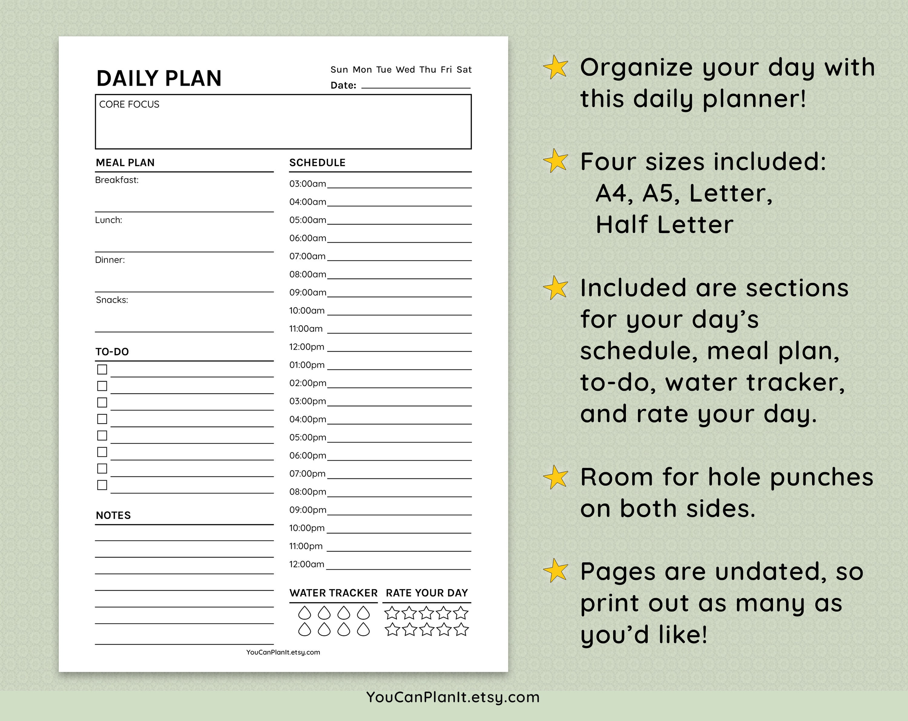 Daily Planner - Printable, Letter/half Letter/a4/a5 Sizes, Schedule by ...