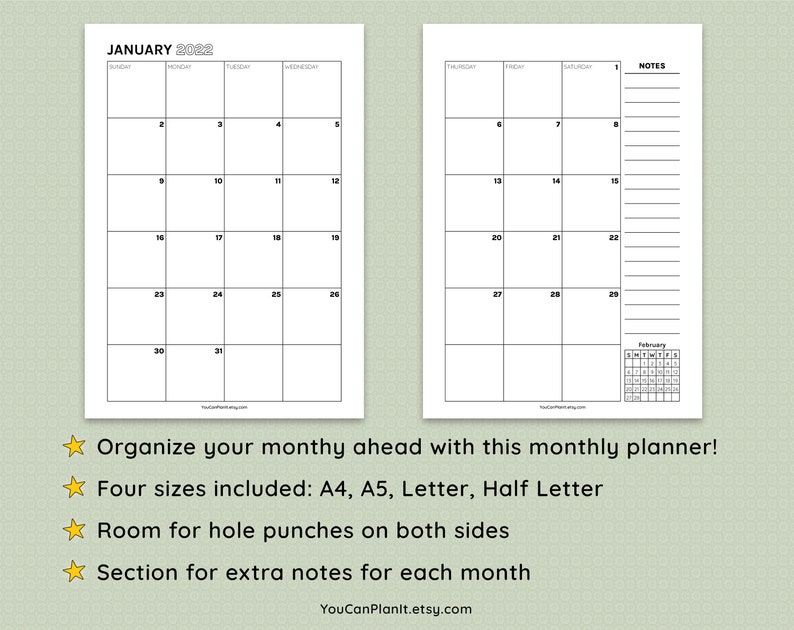 Monthly Planner Year 2022, Printable, Letter/half Letter/a4/a5 Sizes - Etsy