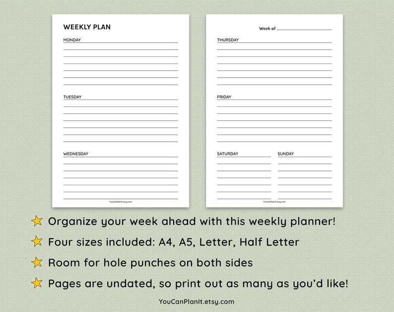 Weekly Planner Printable Letter/half Letter/a4/a5 Sizes | Etsy
