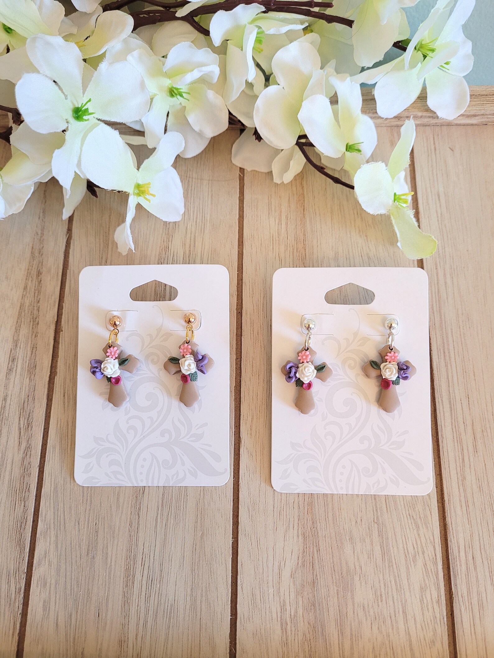 Clay Floral Cross Earrings, Easter Earrings, Spring Floral Earrings, Christian Earrings ...