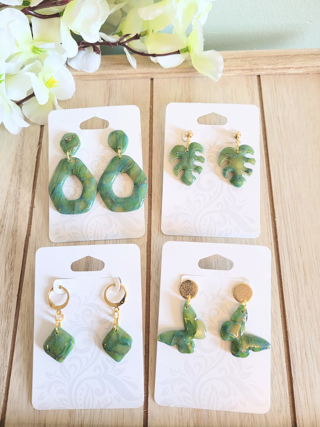 Spring Green Marble Clay Earrings, Monstera Clay Earrings, Butterfly ...