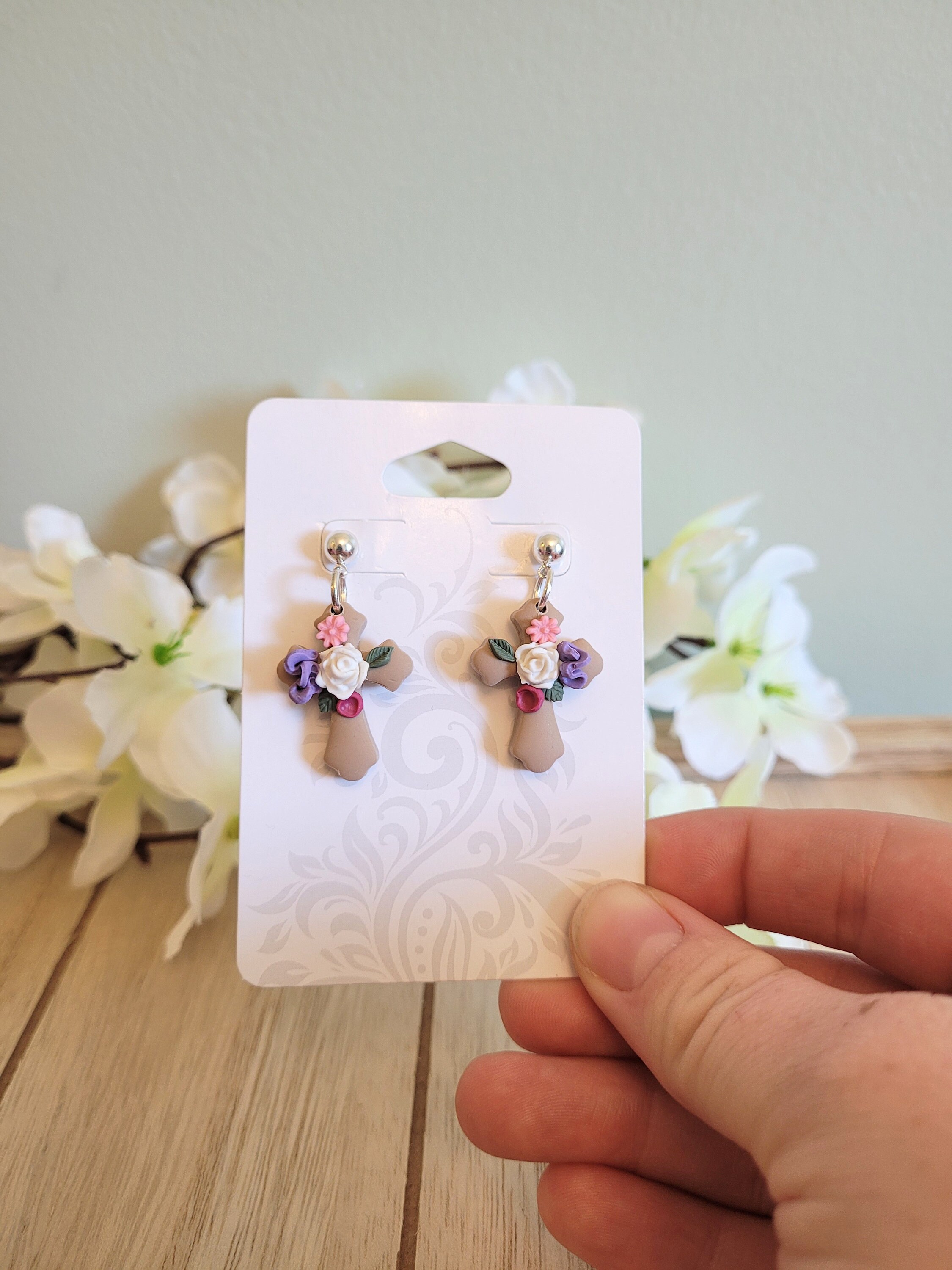 Clay Floral Cross Earrings, Easter Earrings, Spring Floral Earrings, Christian Earrings ...
