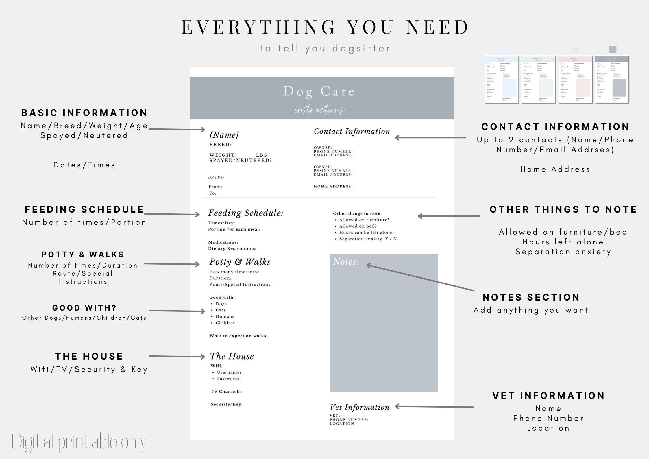 Editable Digital Dog Sitter Notes, Dog Care Instructions Template ...