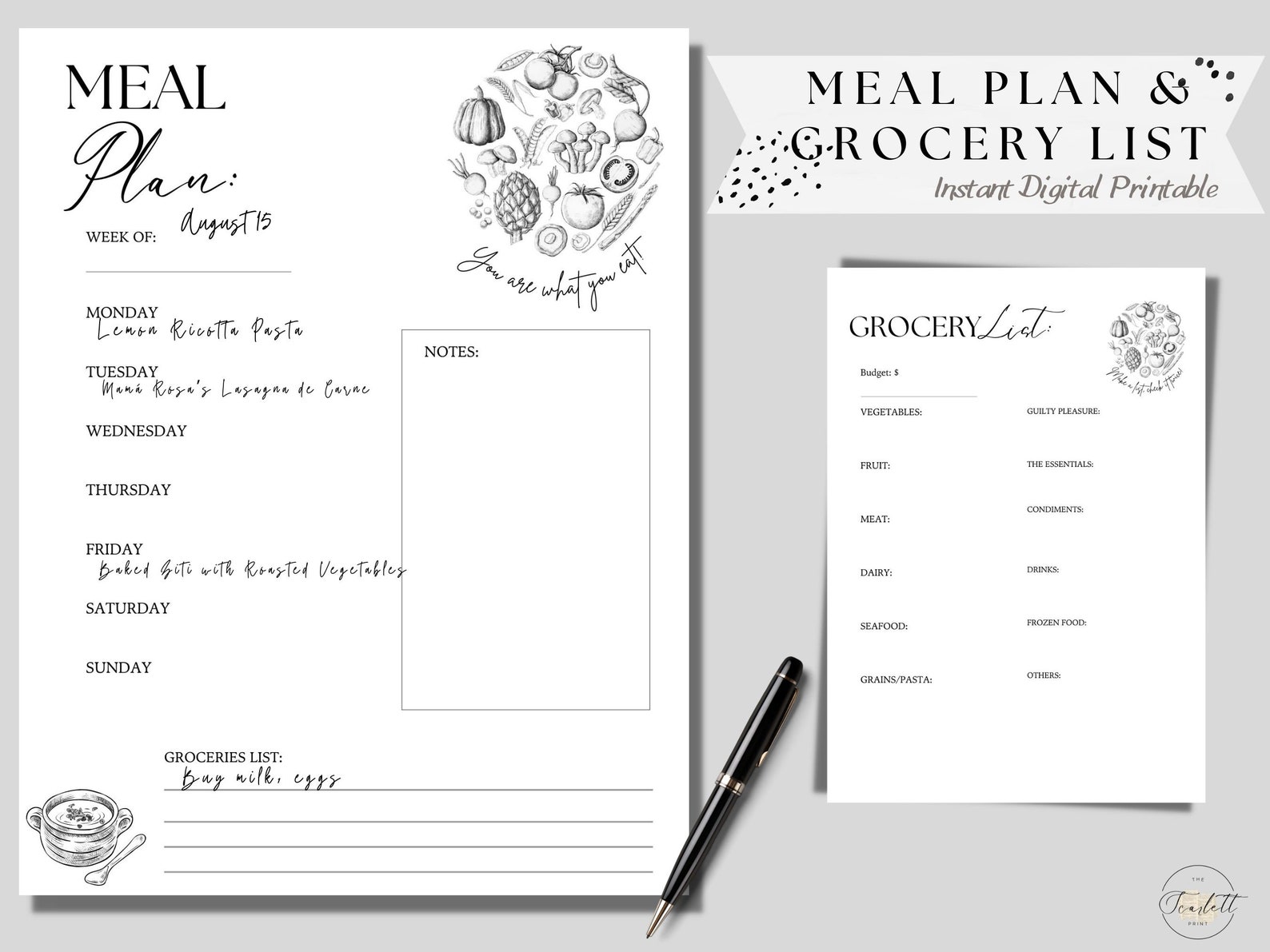 Digital Printable Weekly Meal Plan and Grocery List Set of 2 Bundle ...