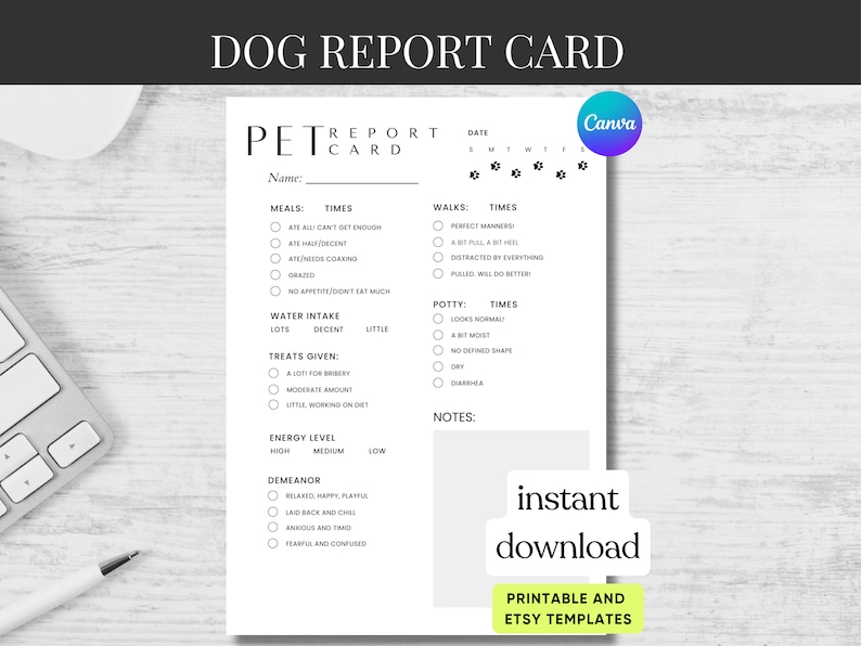 Dog Boarding Pet Report Card Template Fully Editable Canva Template ...