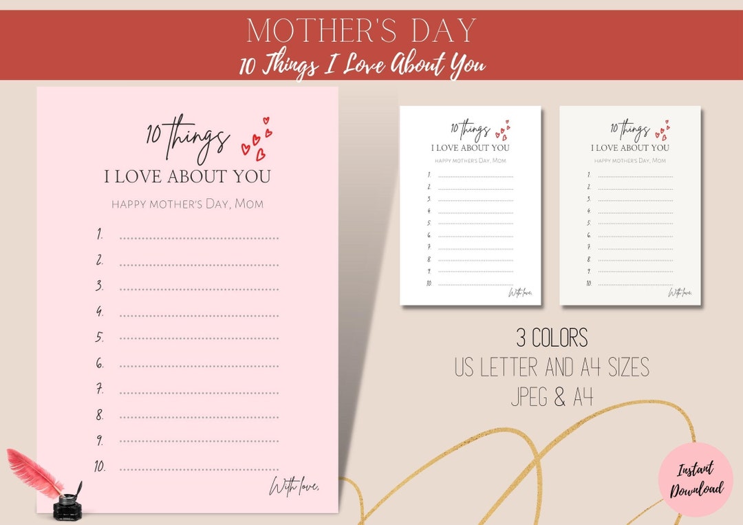 Happy Mother's Day 10 Things I Love About You Card Instant Download ...