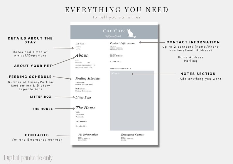 Digital Cat Sitter Cat Care Instructions Printable - Available in 6 ...