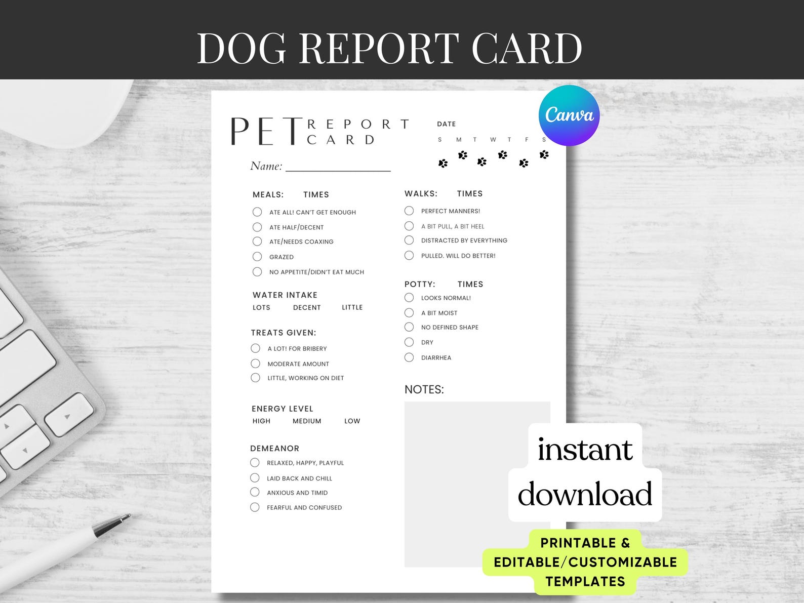 Dog Boarding Pet Report Card Template Fully Editable Canva Template ...