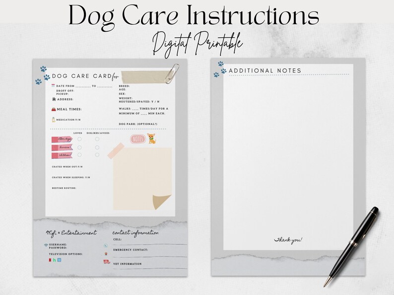 Dog Pet Care Instructions Digital Printable for Dog Owners and Sitters ...
