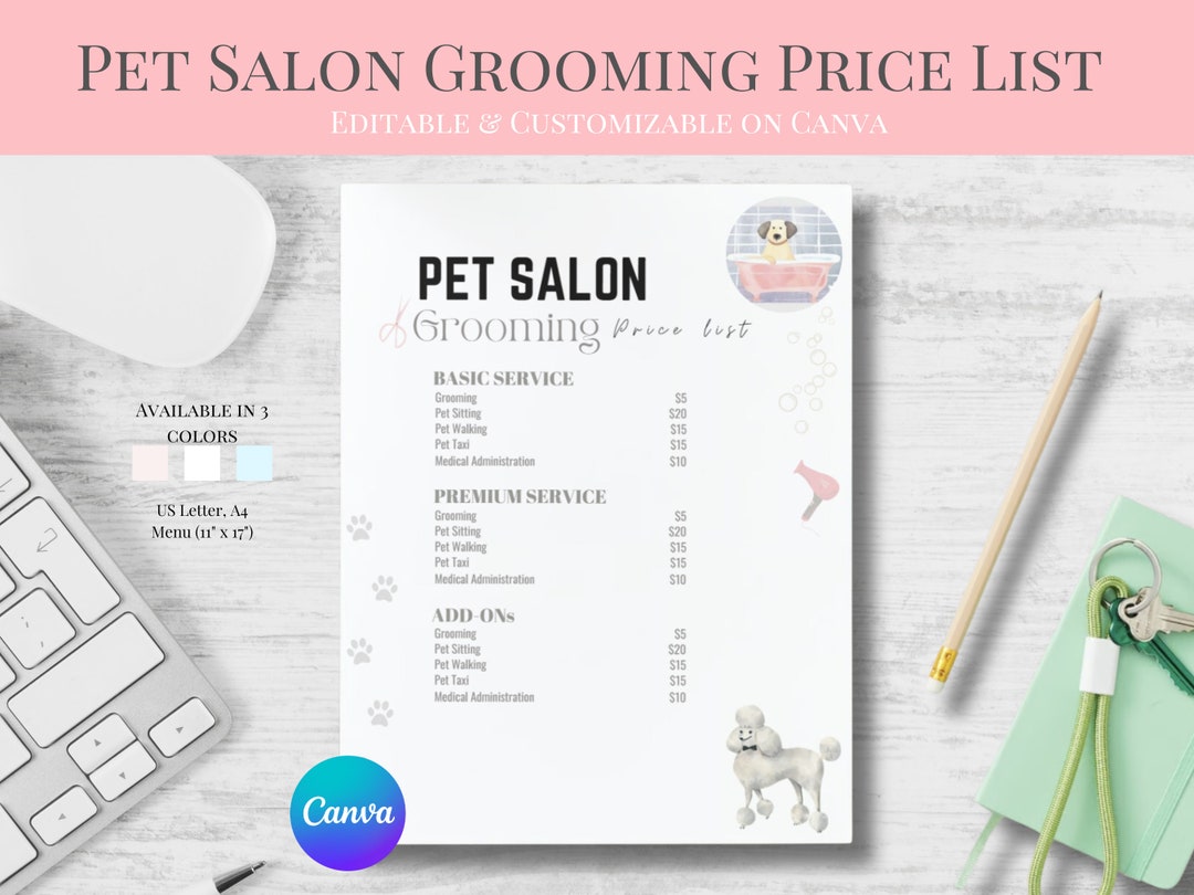 Fully Editable Pet Salon Grooming Price List, Price Sheet Digital ...