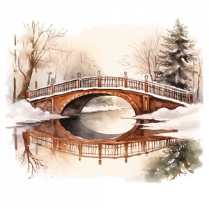 Bridge in Winter Clipart, Winter Bridge Images, 16 Watercolor Clip Art ...