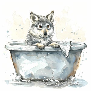 Wolf in Bathtub Clipart, Wolf Washing Images, 10 Watercolor Clip Art ...