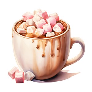 Watercolor Hot Chocolate Clipart: Marshmallow Drink Images (jpgs ...