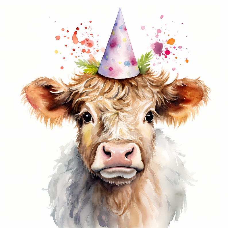 Cow Clipart, Cow With Party Hat Images, 10 Watercolor Clip Art ...