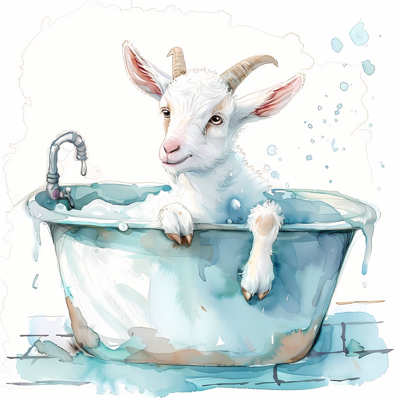 Watercolor Goat in Bathtub Clipart: Printable JPG Images (commercial ...