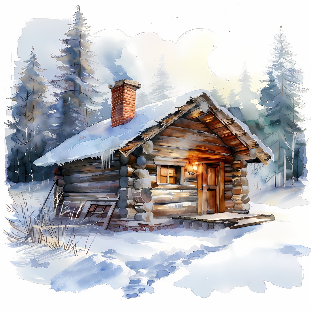 Snowy Log Cabins Clipart, Log Cabin in Snow Images, 10 Watercolor Clip ...