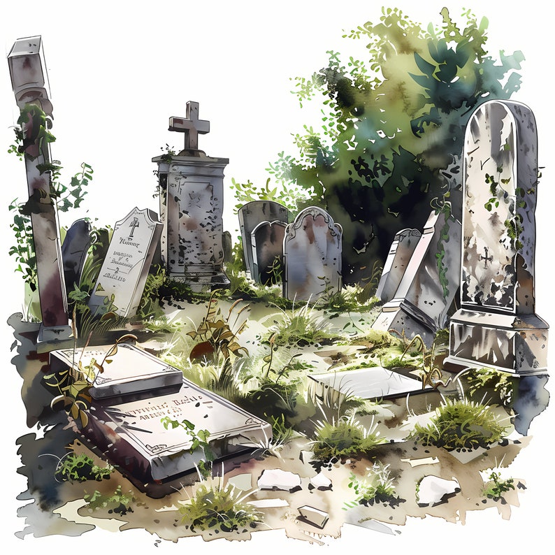 Cemetery Clipart, Abandoned Cemetery Images, 10 Watercolor Clip Art ...