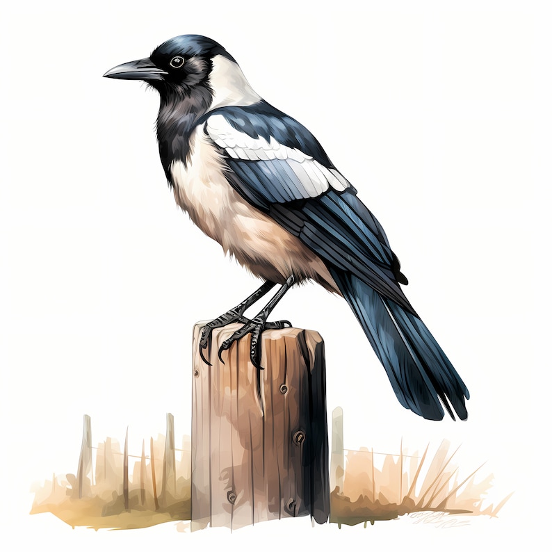 Magpie Watercolor Clipart: Bird on Fence Post (printable Jpgs) - Etsy
